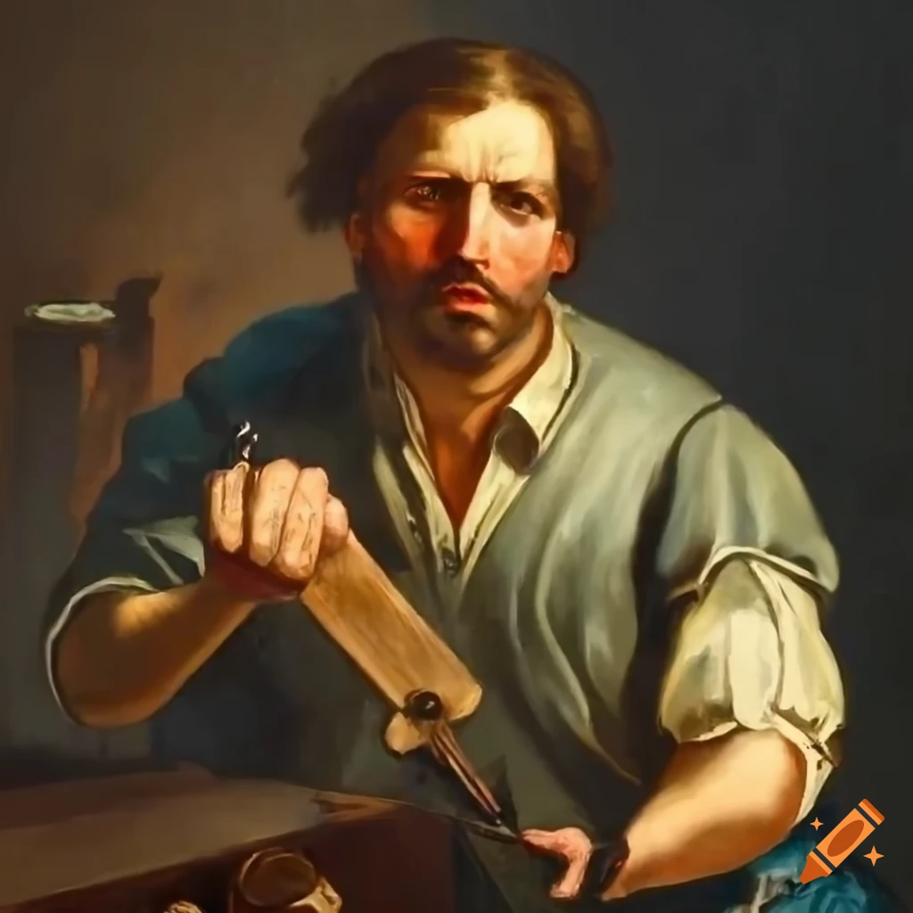 Realistic painting of a carpenter with a pencil and clients discussing ...