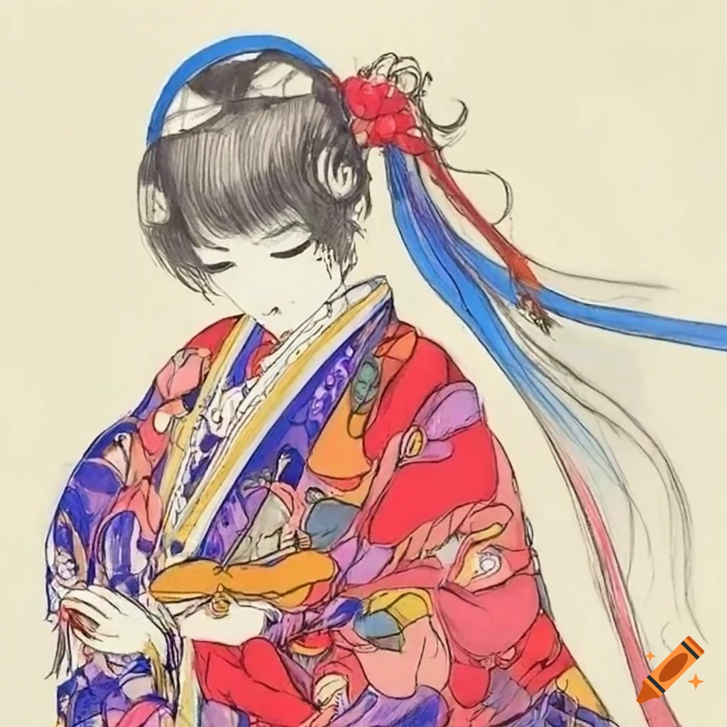 Manga ink sketch of a Japanese woman in colorful outfit on Craiyon