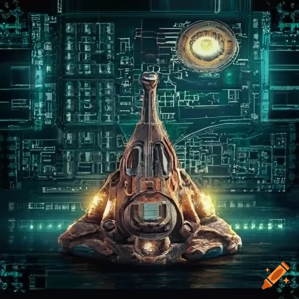 Surreal image of aliens and machines in front of computer boards on Craiyon