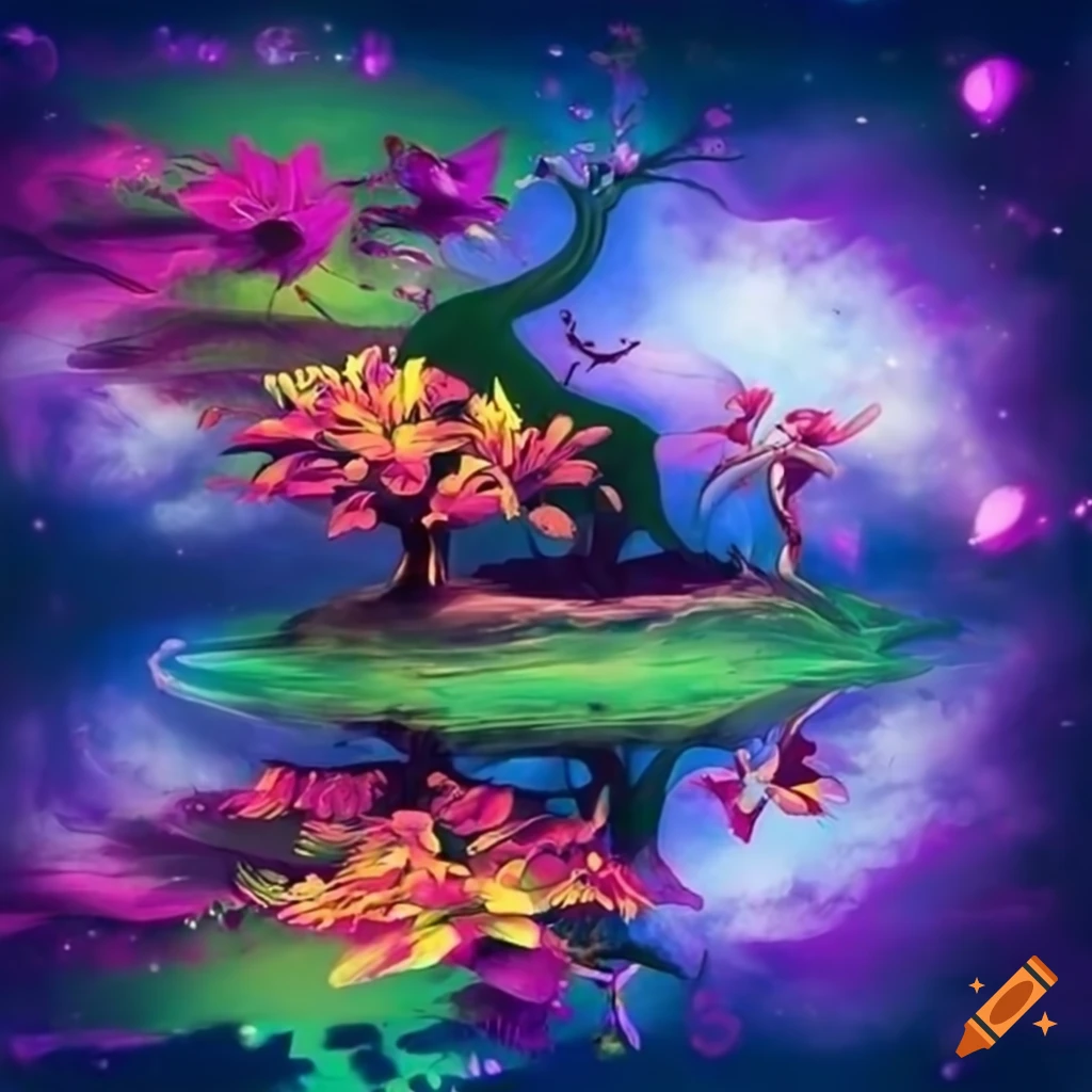 Vibrant floating trees with fairies and lilies in a galaxy