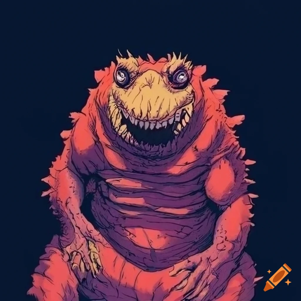 Colorful manga artwork of a strange creature on a white background on ...