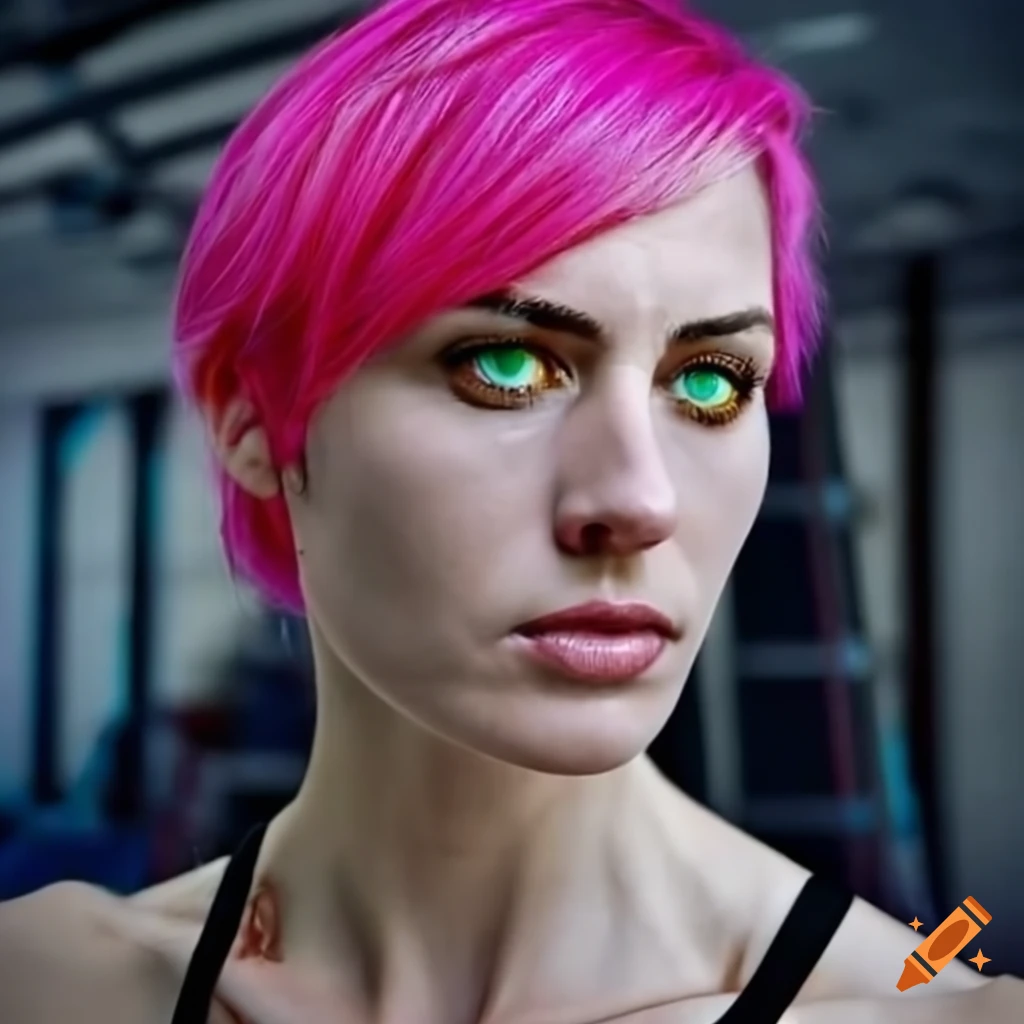 Cosplay of an android woman with pink hair on Craiyon
