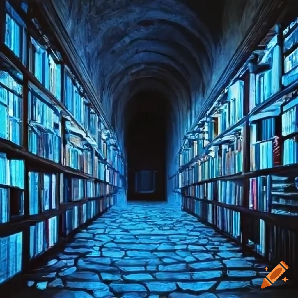 Blue-lit underground stone library on Craiyon