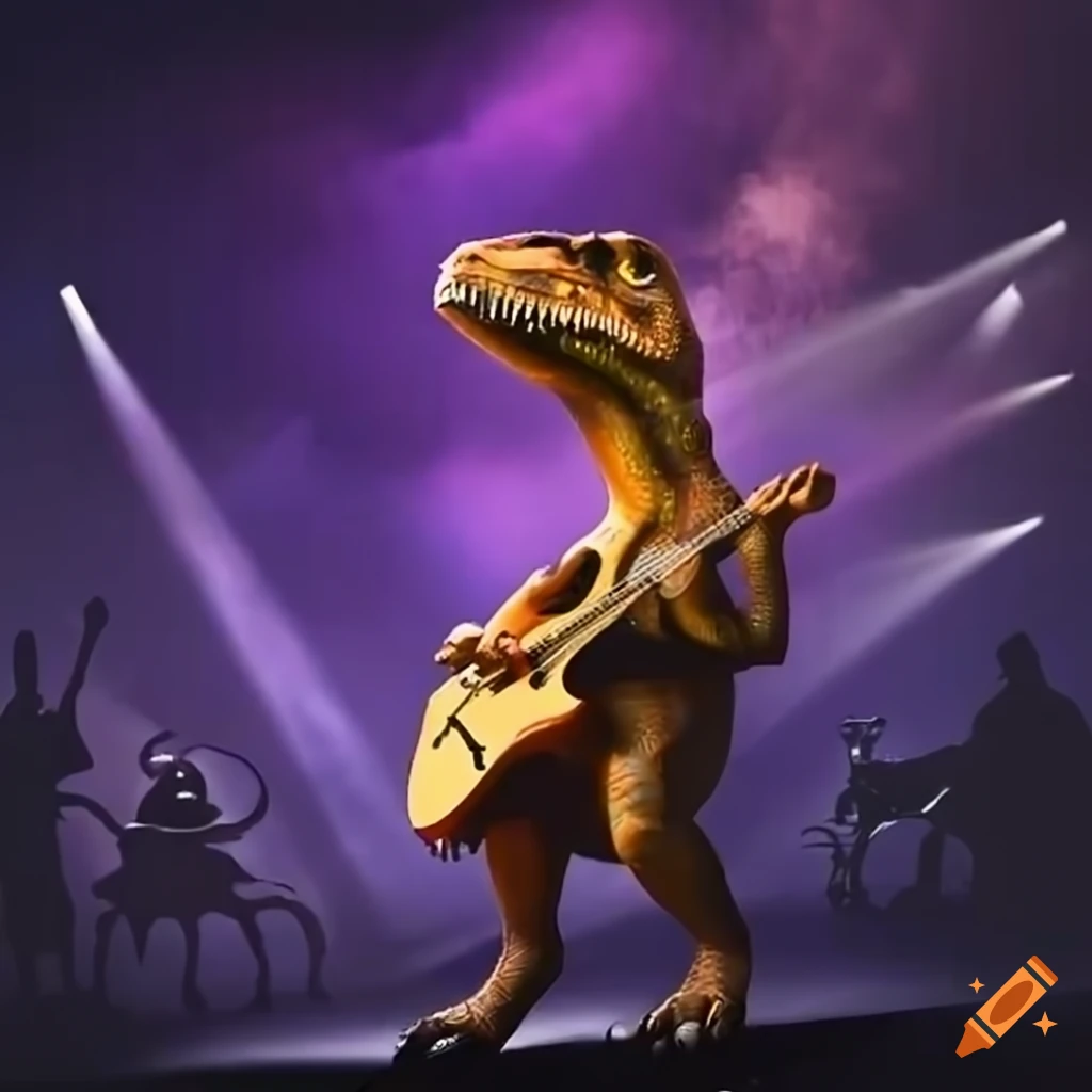 Fantasy illustration of a dinosaur playing guitar on Craiyon