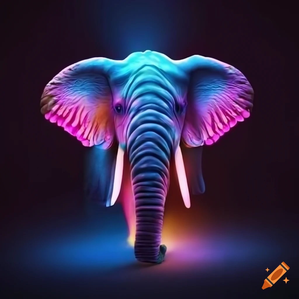 Digitally rendered neon-lit elephant artwork on Craiyon