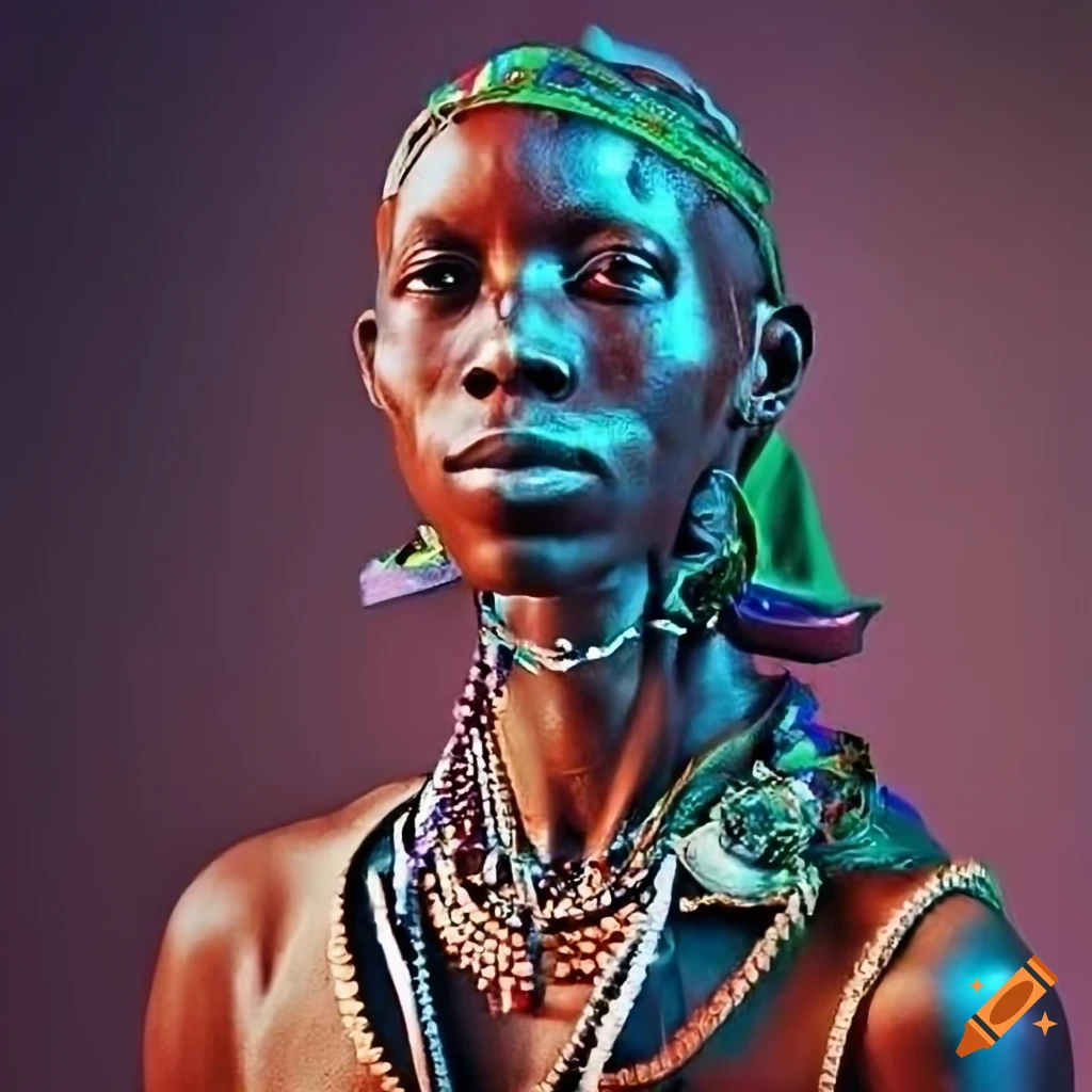 Colorful photo of a well-fed nuba tribesman painting a vivid stargate