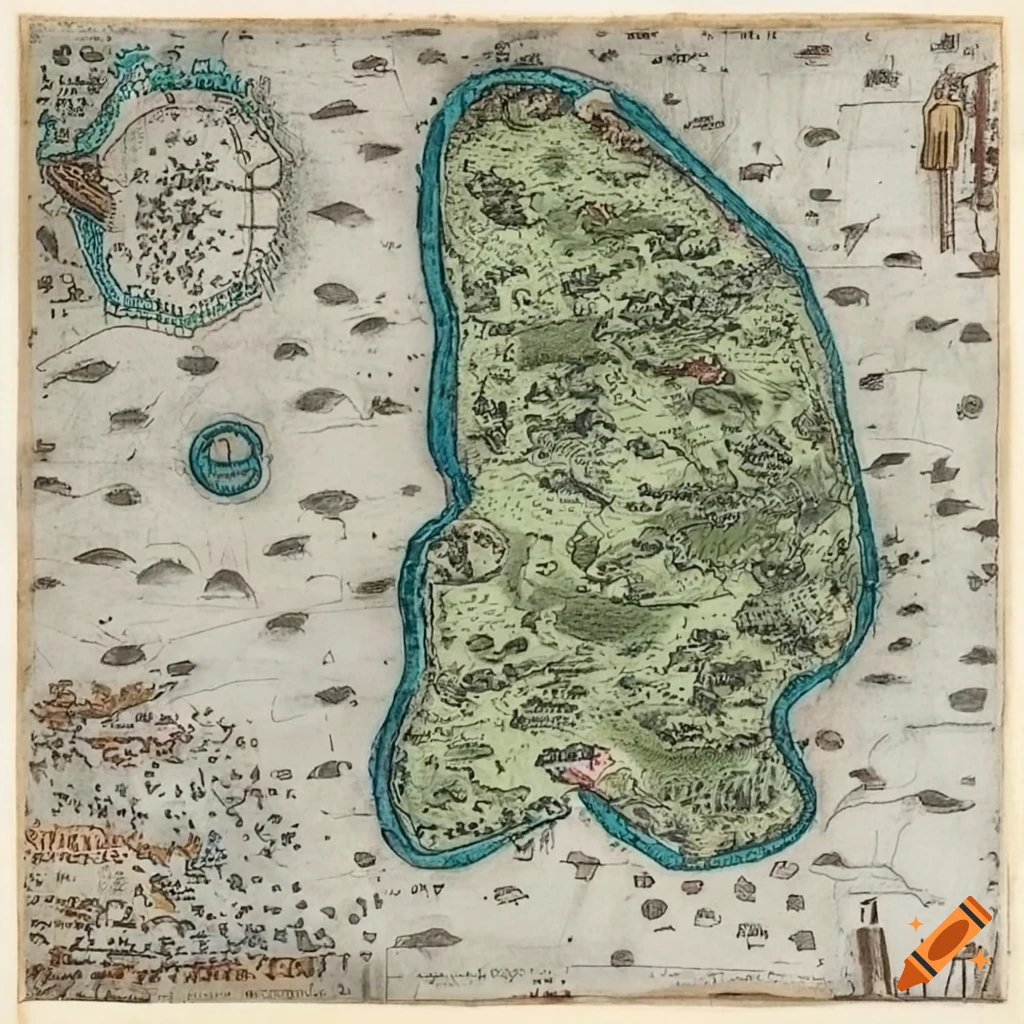Map of an island with crosses marking locations on Craiyon