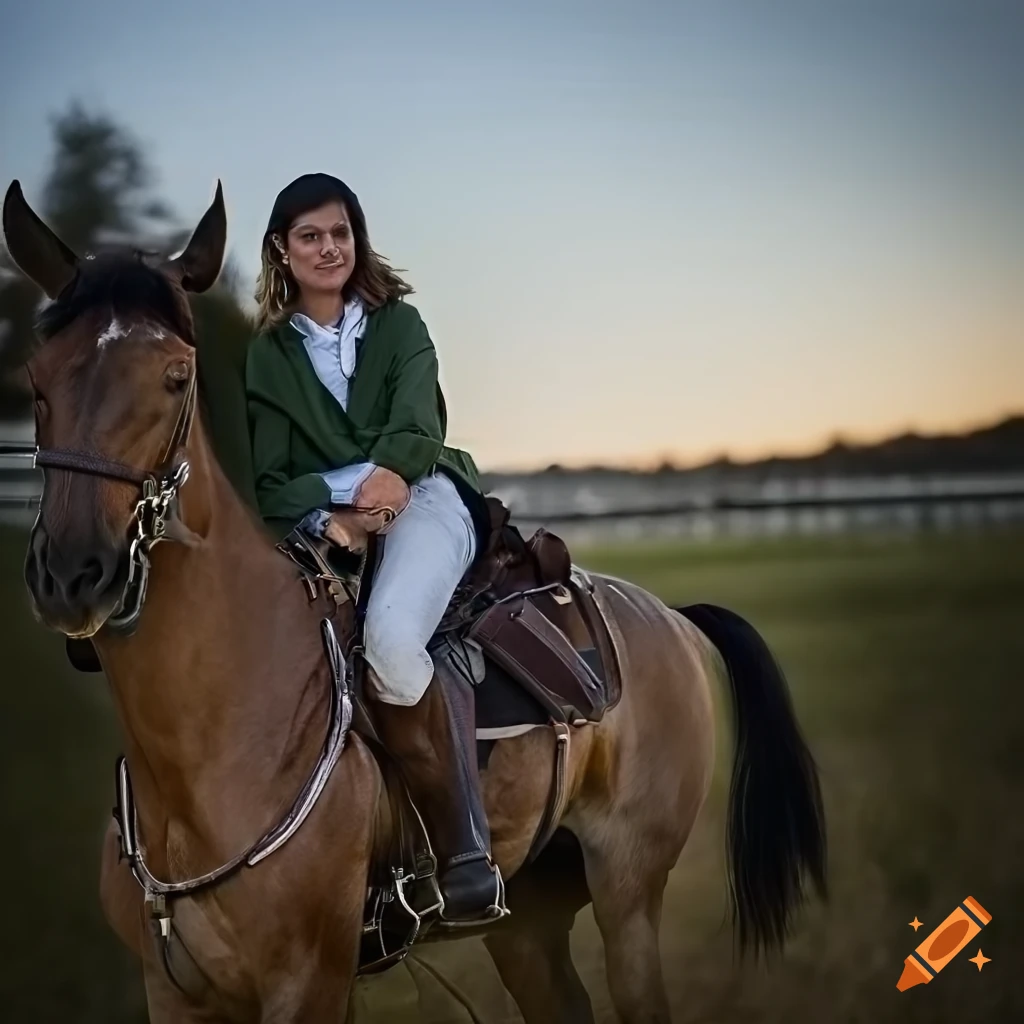 Photorealistic image of a young ranger woman riding a horse on Craiyon