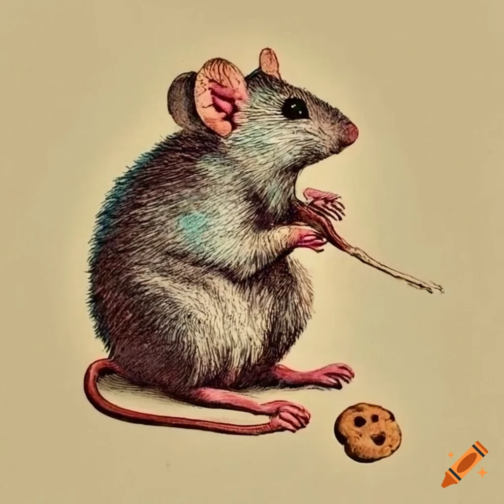 Vintage etching of a mouse with a cookie