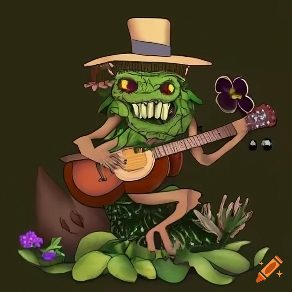 Illustration of a singing monster with a guitar on a plant-based island ...