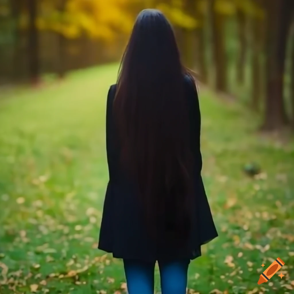 Woman With Long Black Hair In A Park On Craiyon