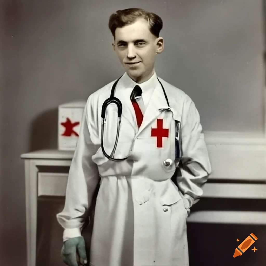 Vintage photo of a male doctor near an ambulance on Craiyon