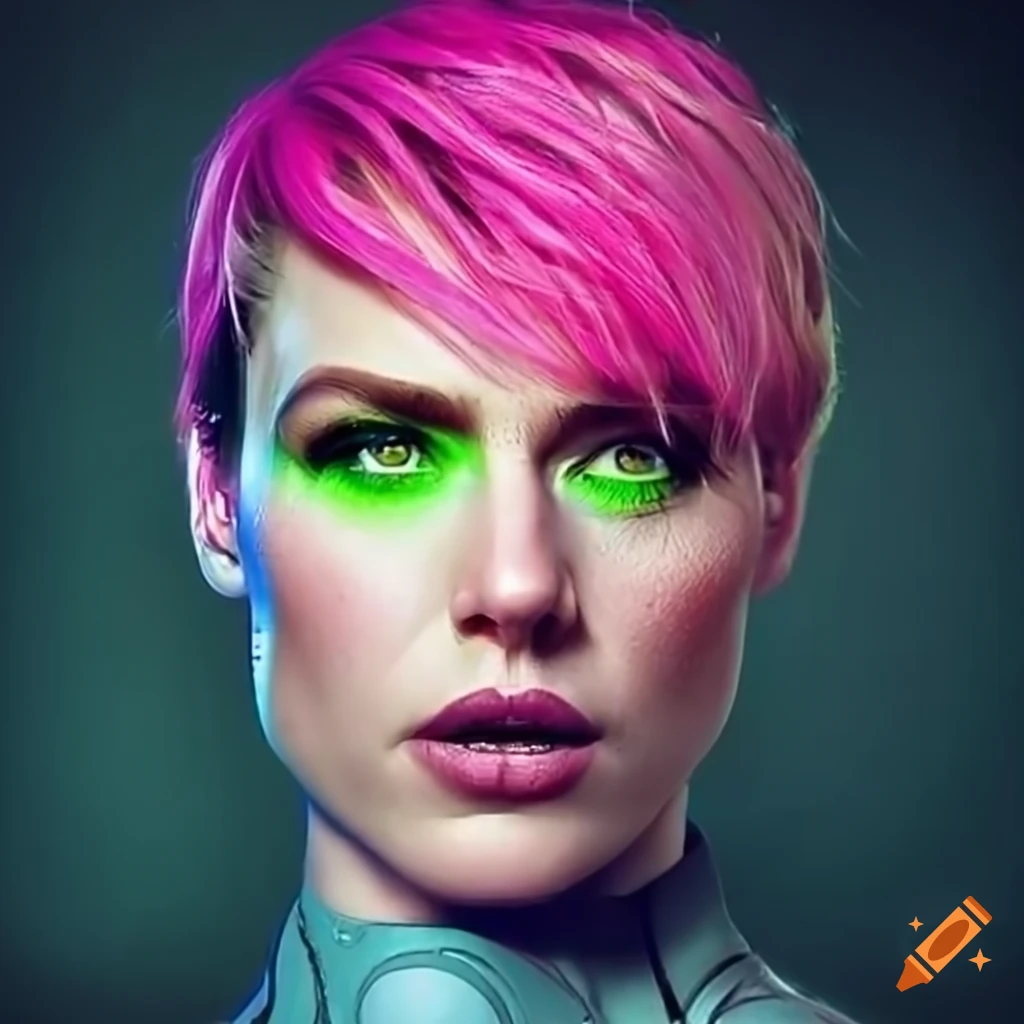 Cosplay of a futuristic android with pink hair on Craiyon