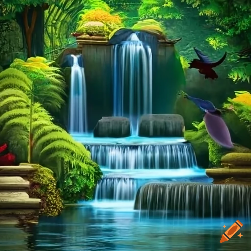 Garden with waterfalls and birds on Craiyon