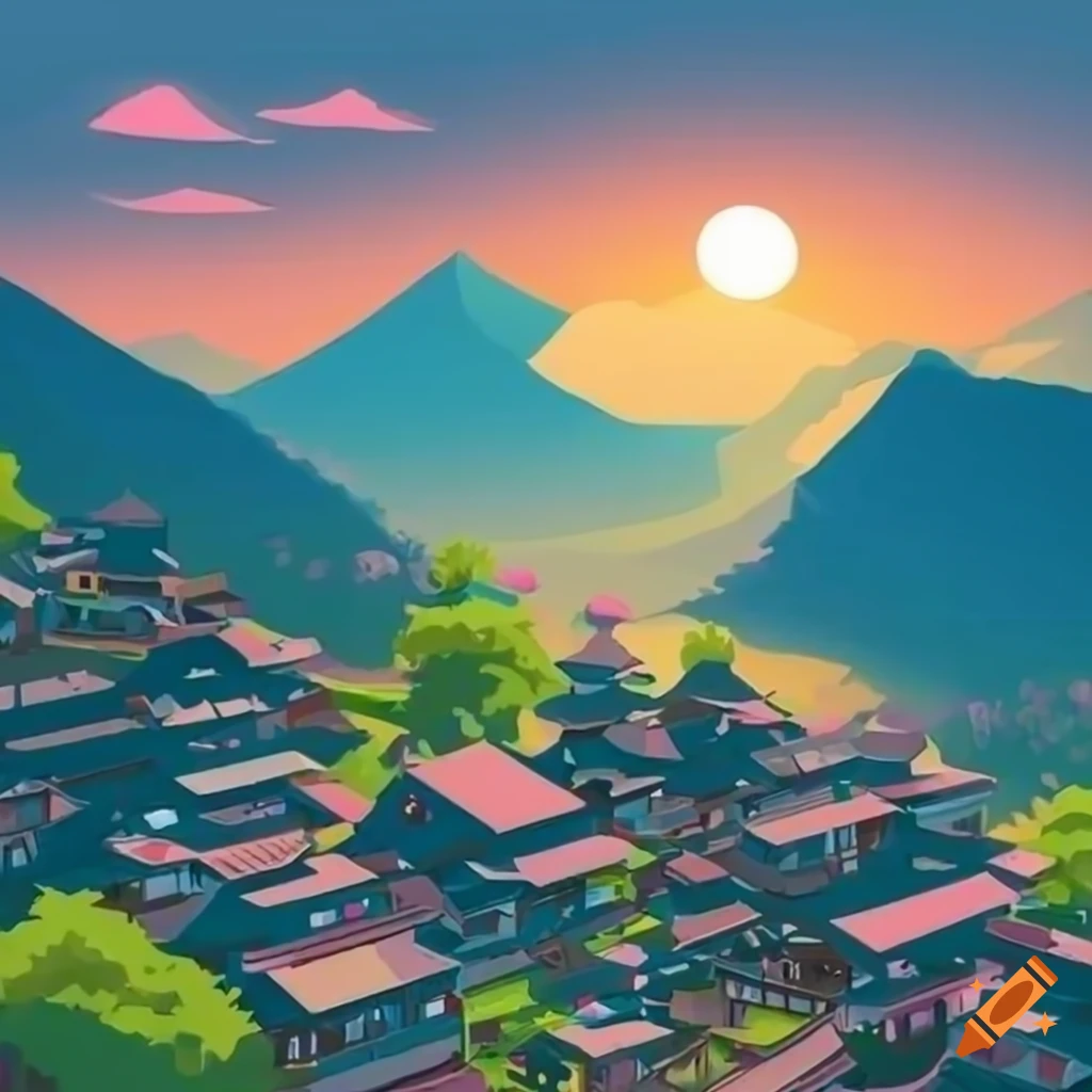 Isometric view of traditional japanese village with sakura trees and ...