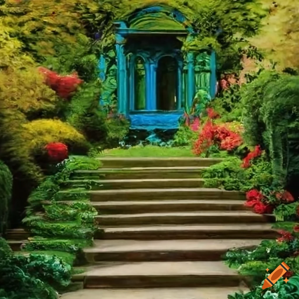 Monet-inspired painting of a victorian garden with curved stairs on Craiyon