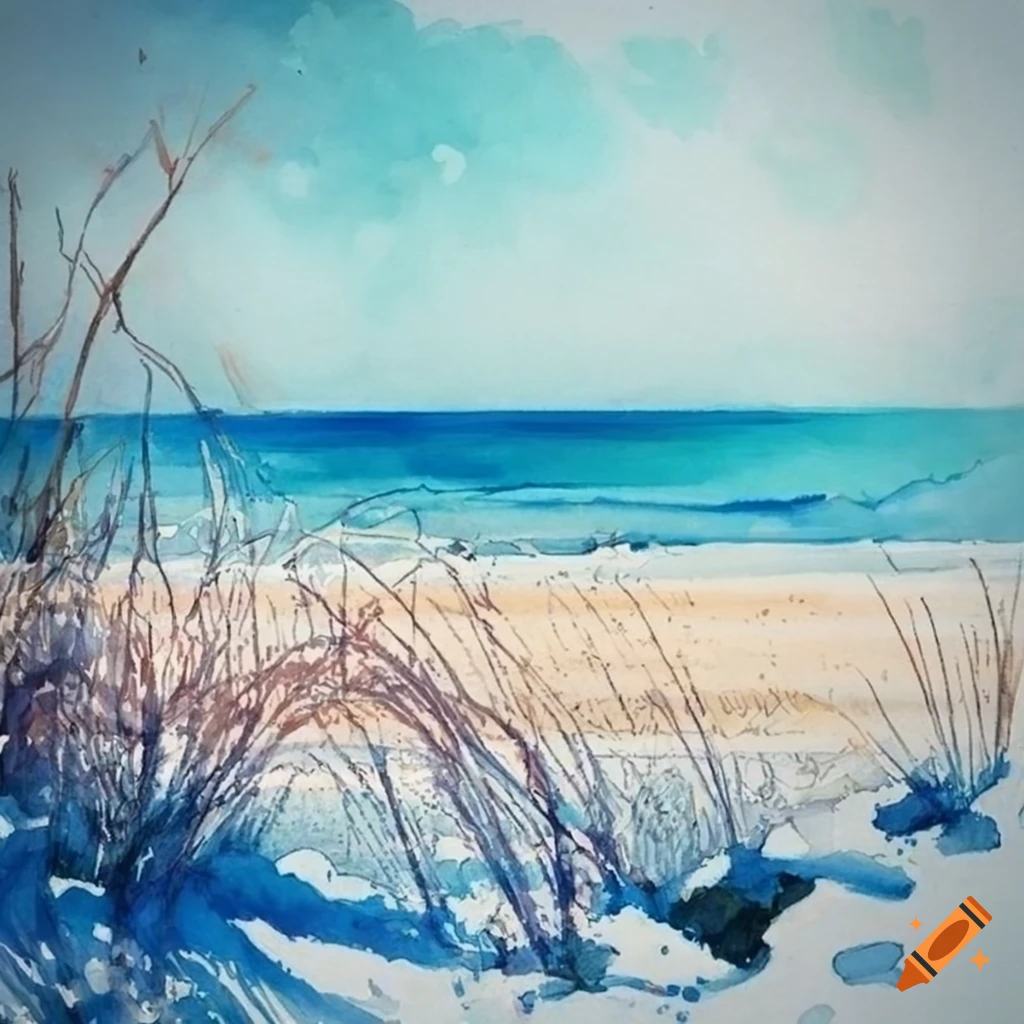 Watercolor painting of snow on the beach