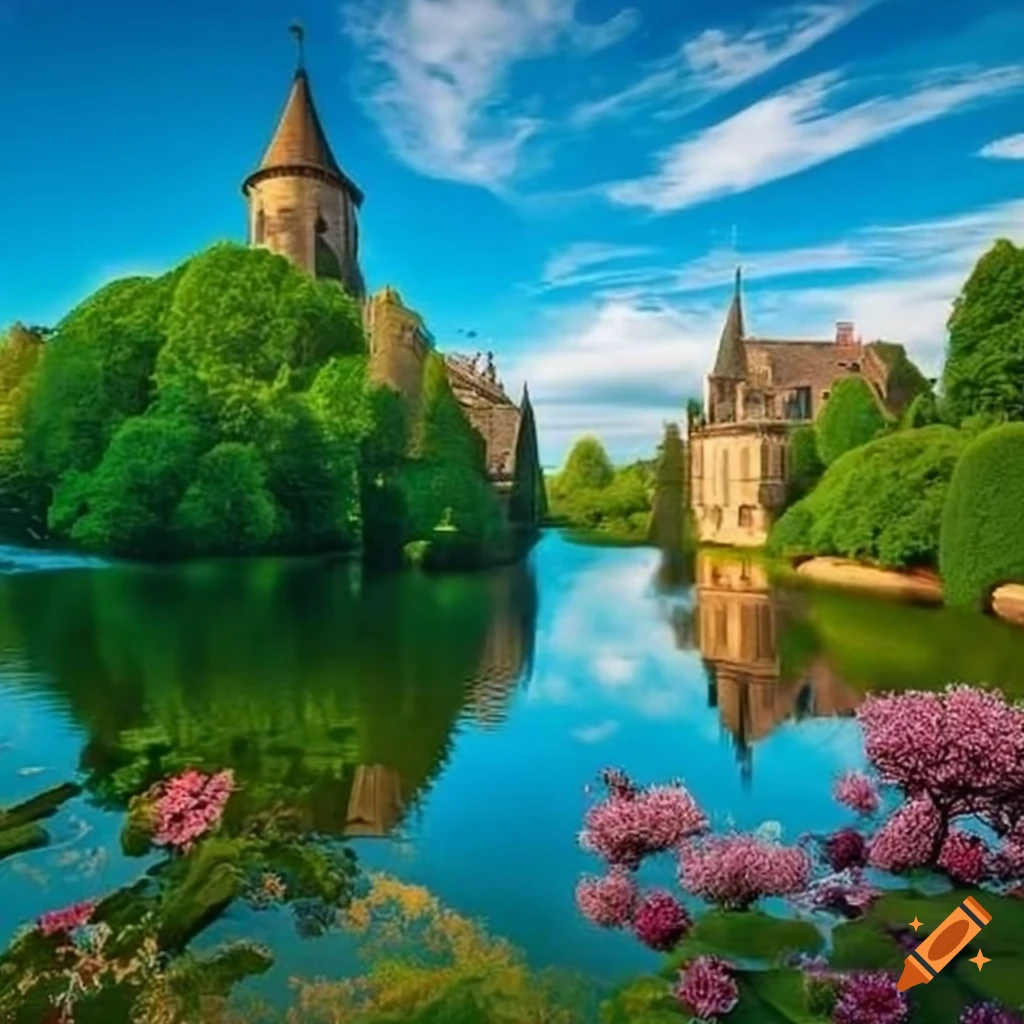 Elven-inspired manor surrounded by gardens and a river on Craiyon