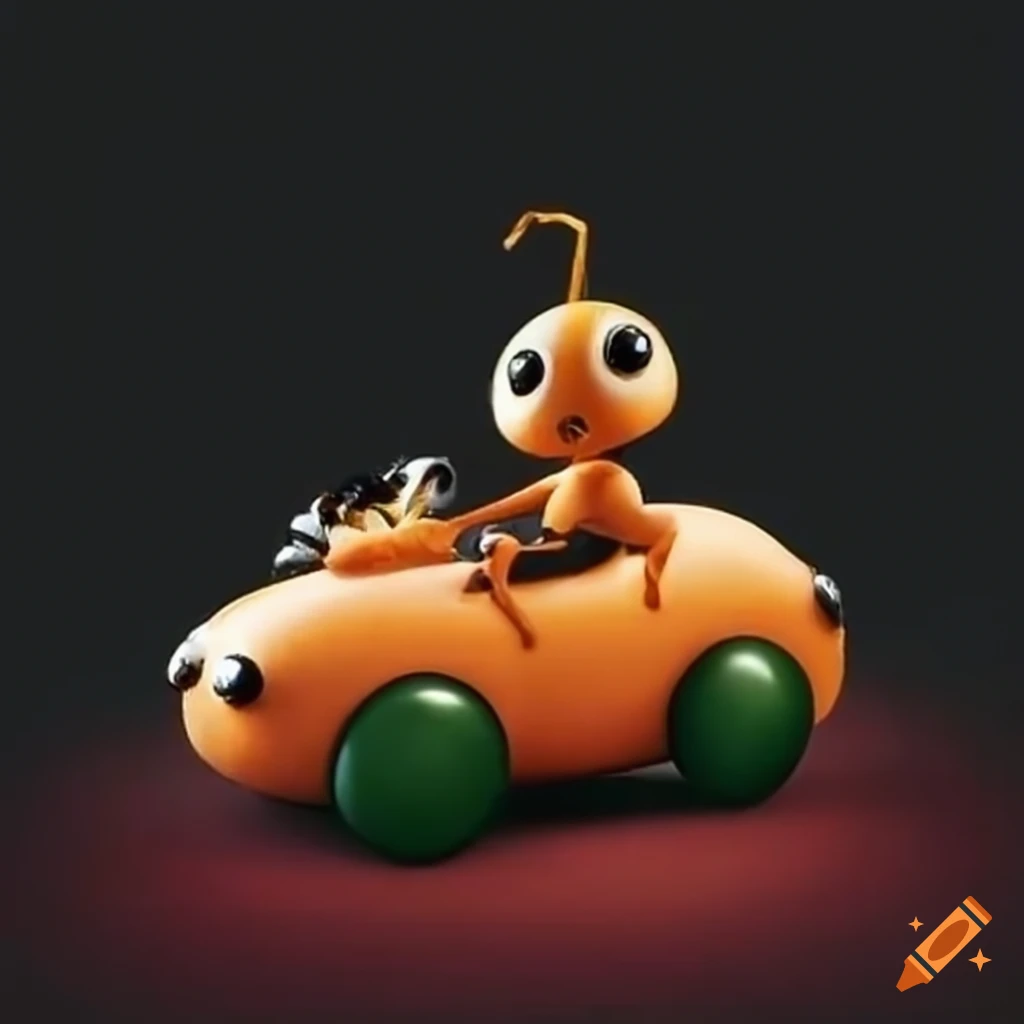 Illustration of an ant and bee driving a car on Craiyon