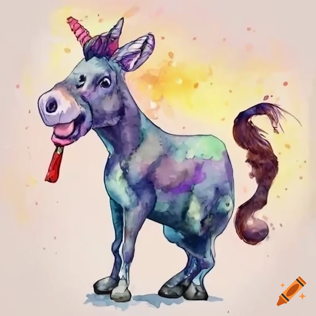 Artistic illustration of a tipsy donkey with one leg and a unicorn horn