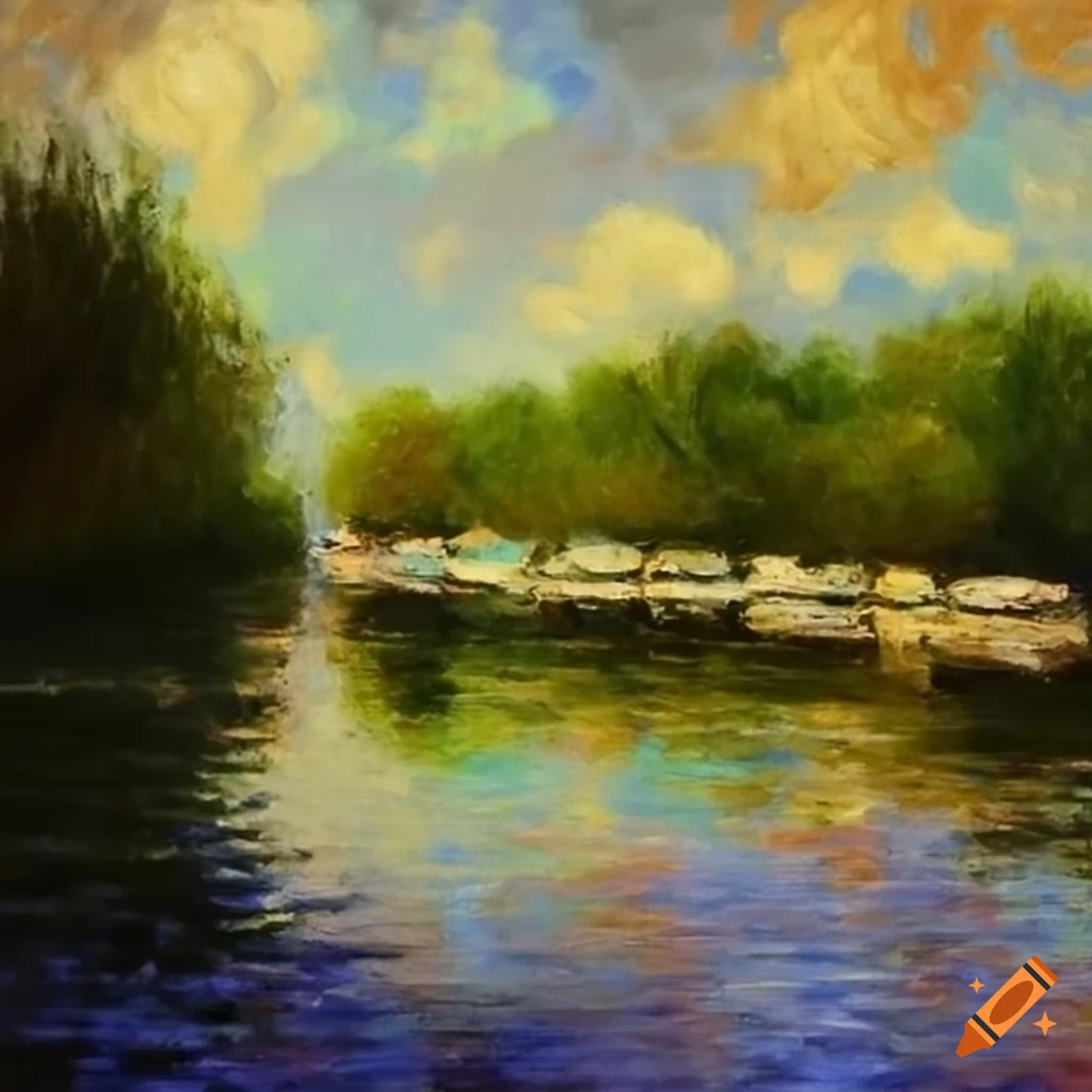 Monet-style painting of a river with bridge and houses on Craiyon