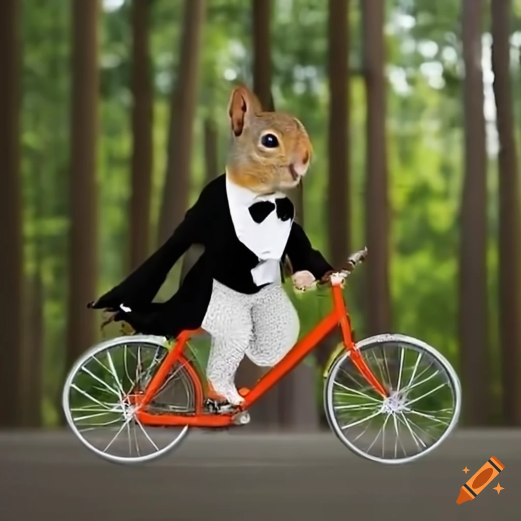 Quirky squirrel riding a bicycle in the forest on Craiyon