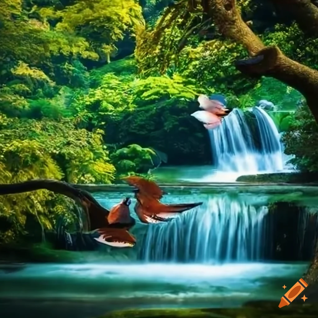 Garden with waterfalls and birds on Craiyon