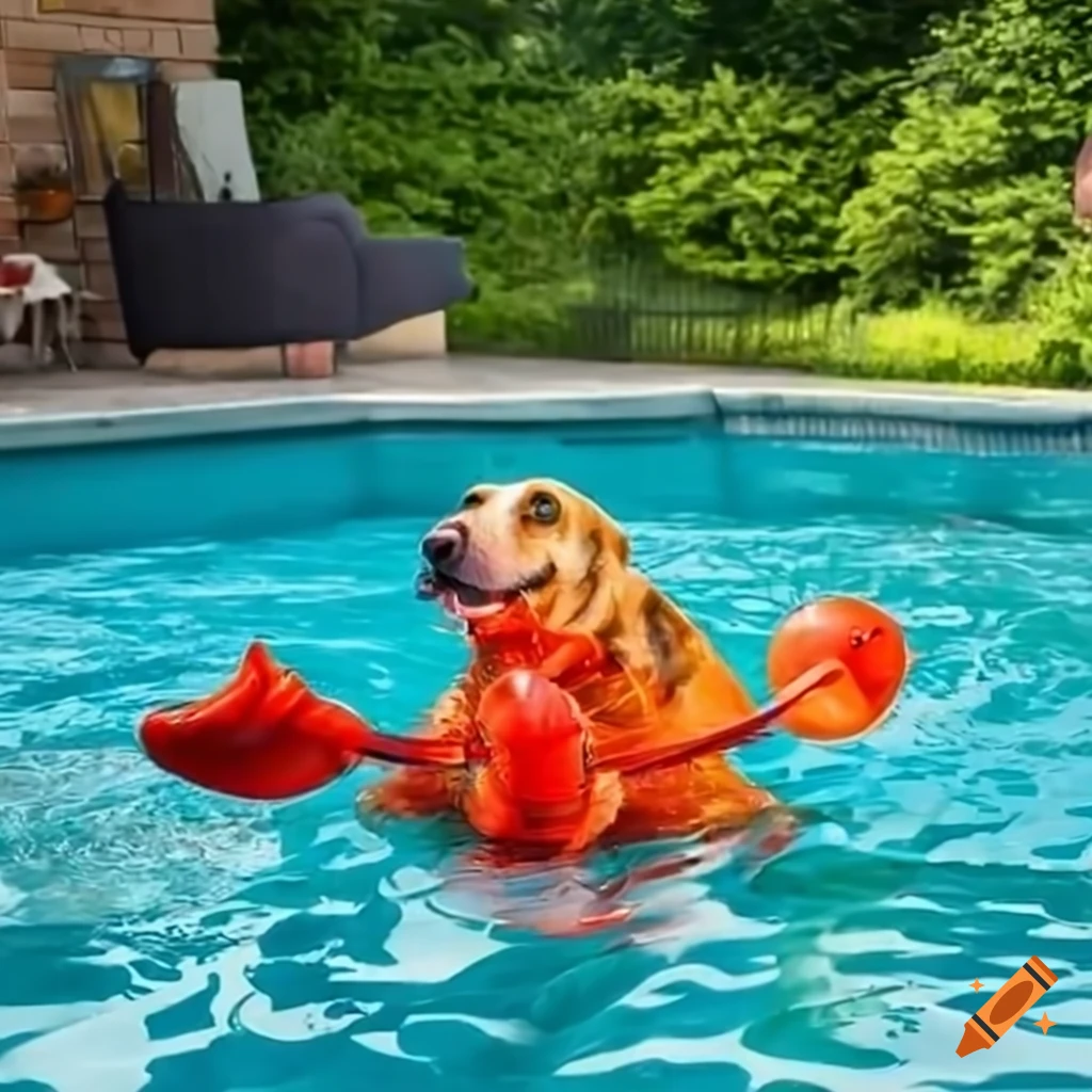 Dog swimming with toy lobster in pool