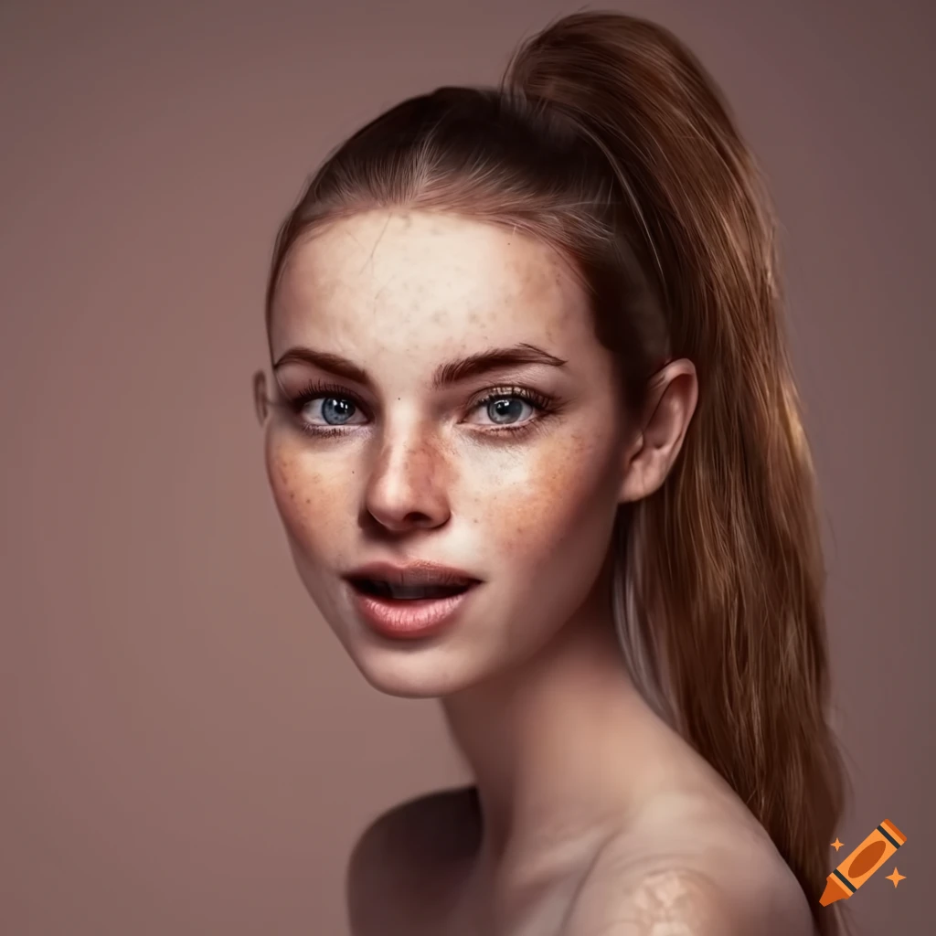 Portrait of a beautiful woman with freckles and brown ponytail hair