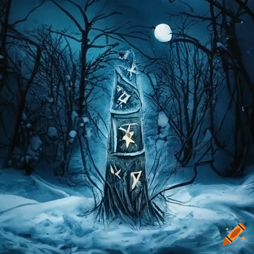 Haunted wood with snow and magic rune on Craiyon