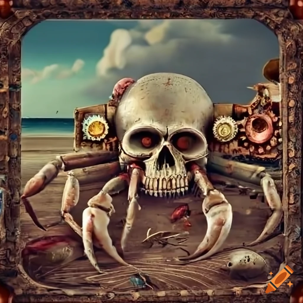Surrealist steampunk artwork with crabs and skulls on the beach on Craiyon