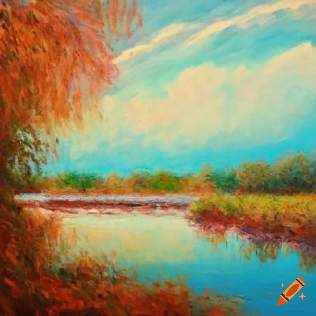 Impressionist painting of a river with houses and boats on Craiyon