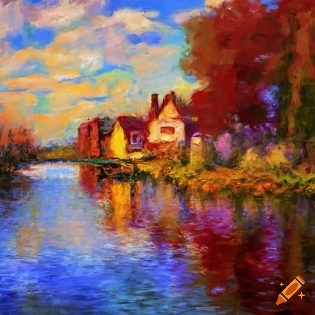 Impressionist painting of a river with houses and boats on Craiyon