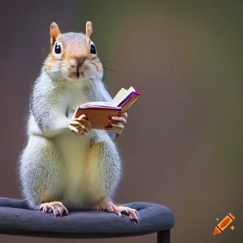 Cozy scene of a squirrel reading by the fireplace on Craiyon