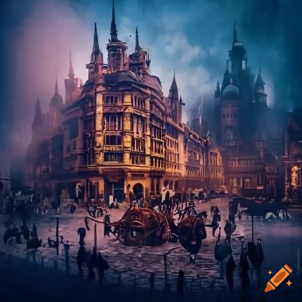 Steampunk city square with fog and bustling activity on Craiyon