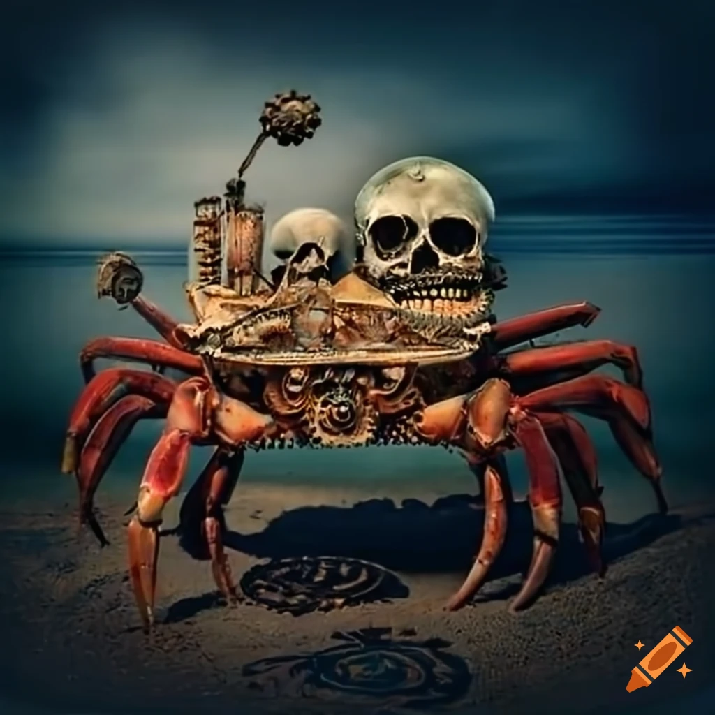 Surreal steampunk crabs on a beach with eerie atmosphere on Craiyon