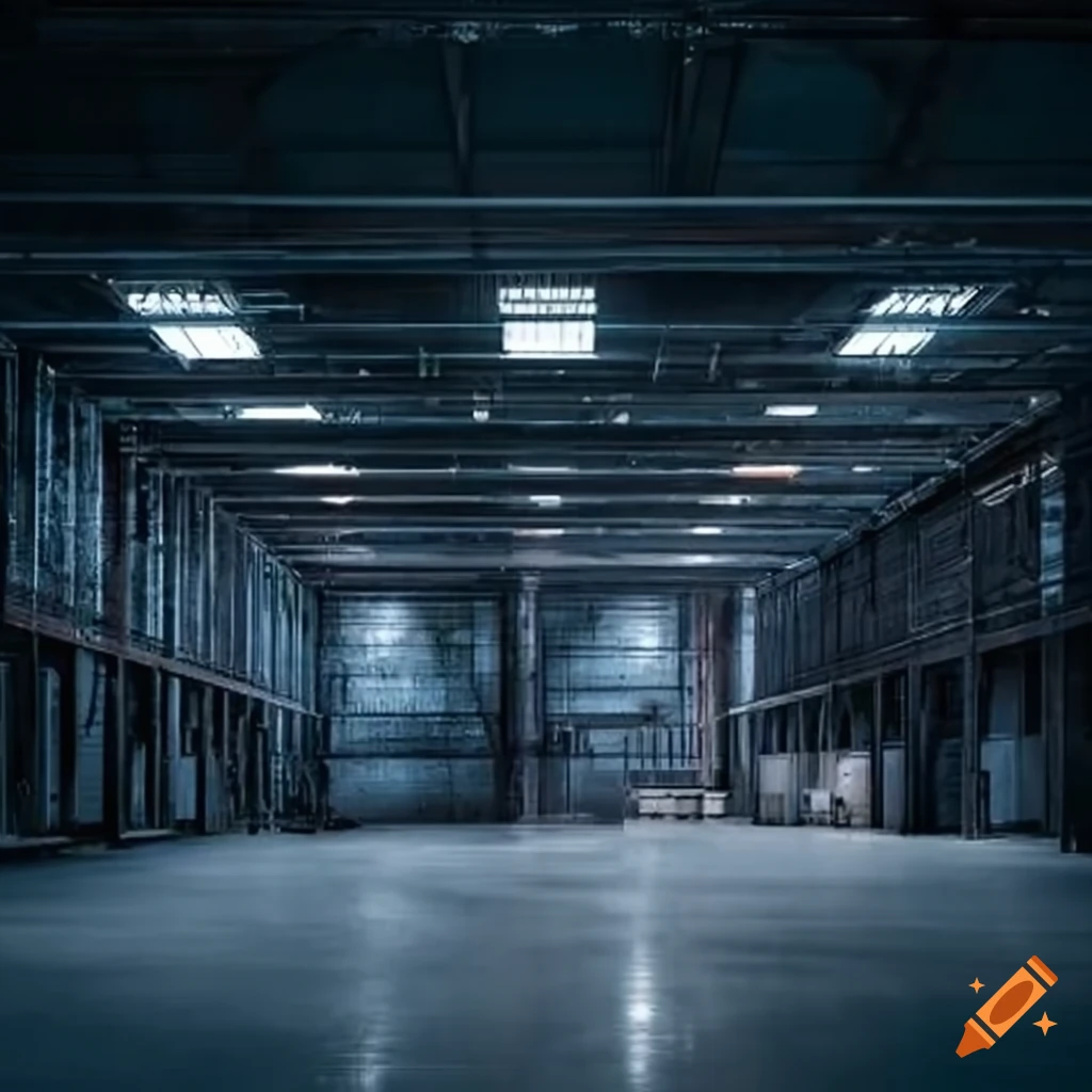 Render of a tall factory warehouse with rafters on Craiyon