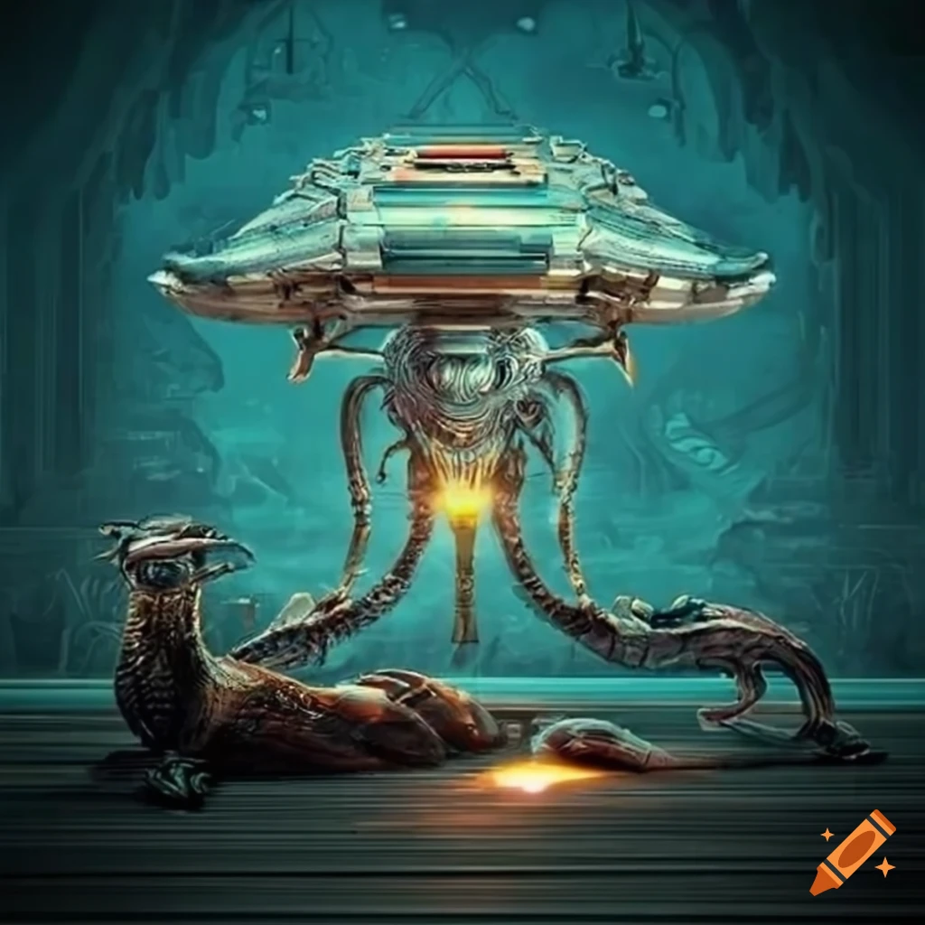 Surreal artwork of alien machines and spaceship on Craiyon