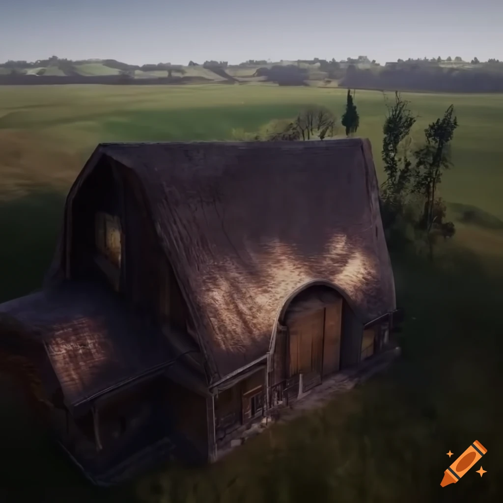 Aerial view of a sci-fi etruscan house on grassland on Craiyon