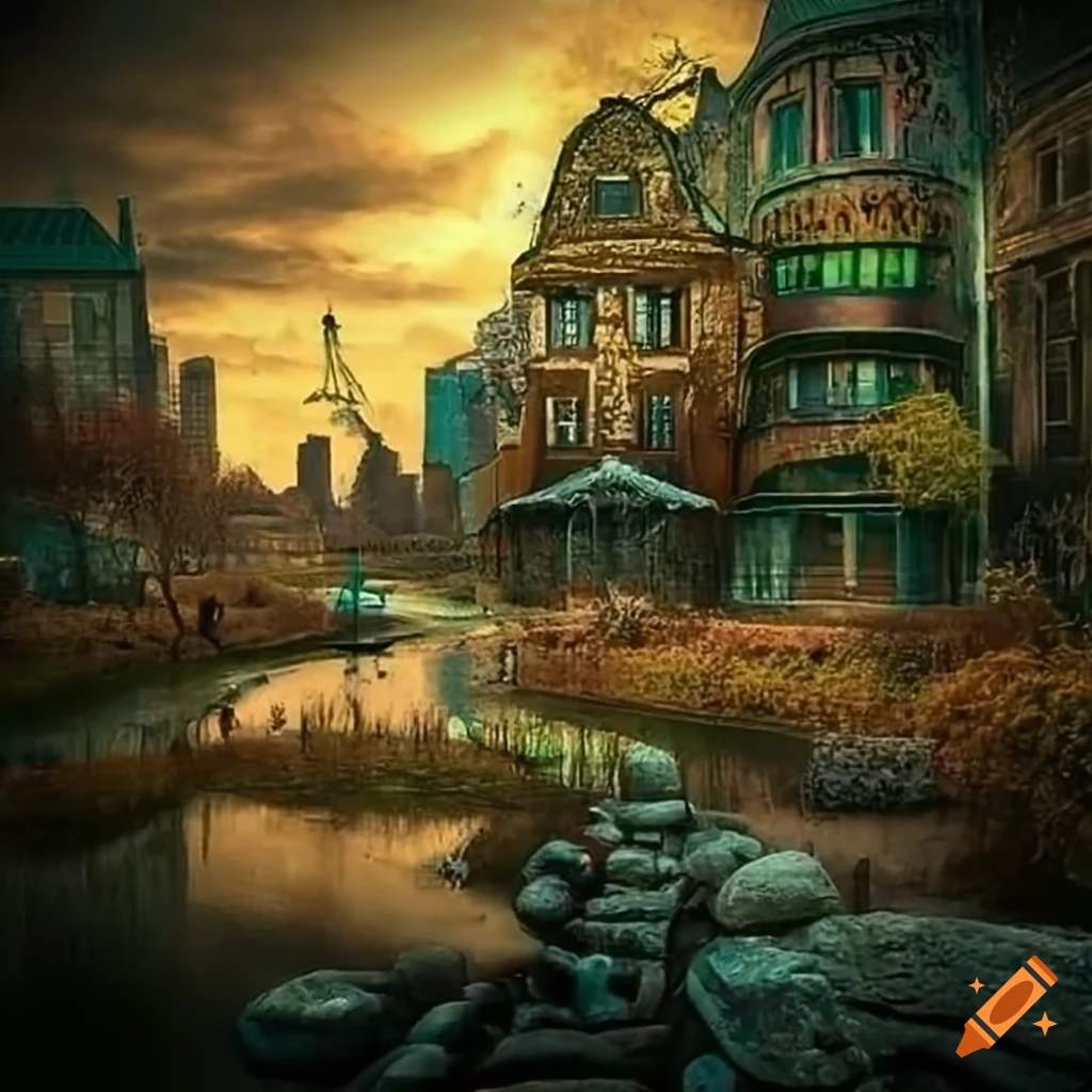 Surreal urban city with magical park elements