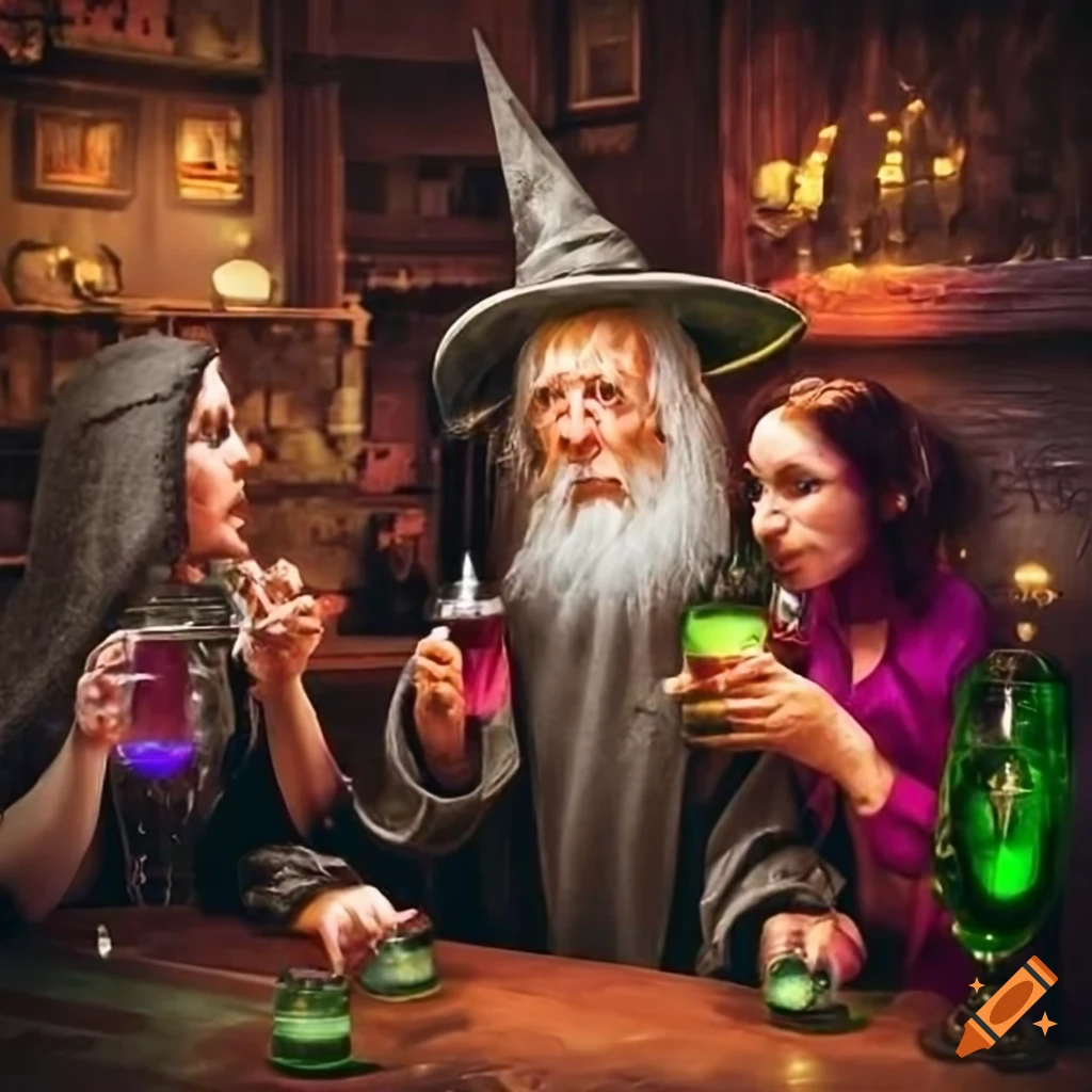 Wizard and witches having a lively conversation in a tavern on Craiyon
