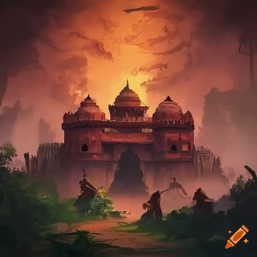 Red raj fort in a misty forest with adventurers on Craiyon