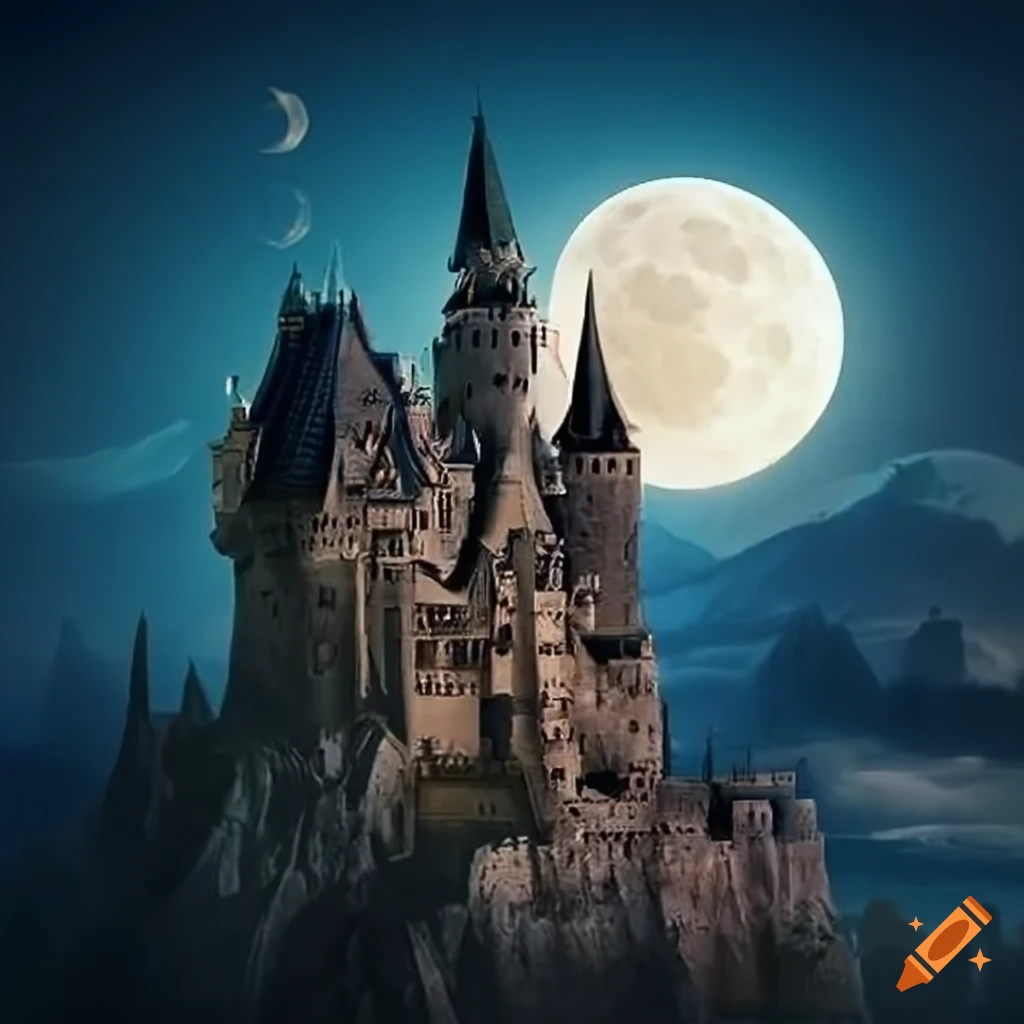 Fantasy illustration of a castle with a dragon under the moonlight on ...