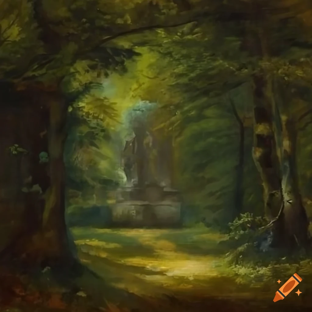 Baroque painting of a gravestone in the woods on Craiyon
