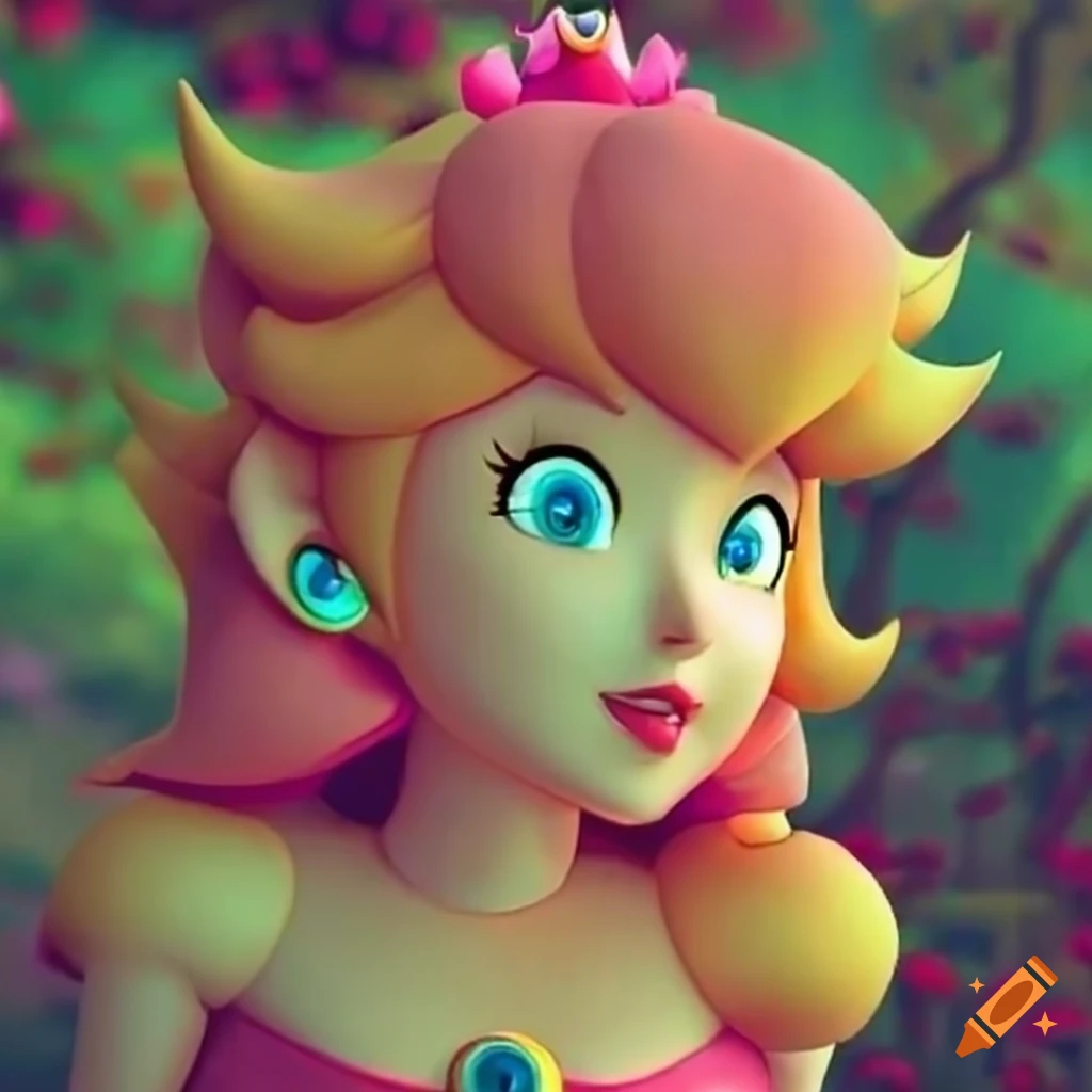 Princess peach floating with umbrella in a castle's green scenery on ...