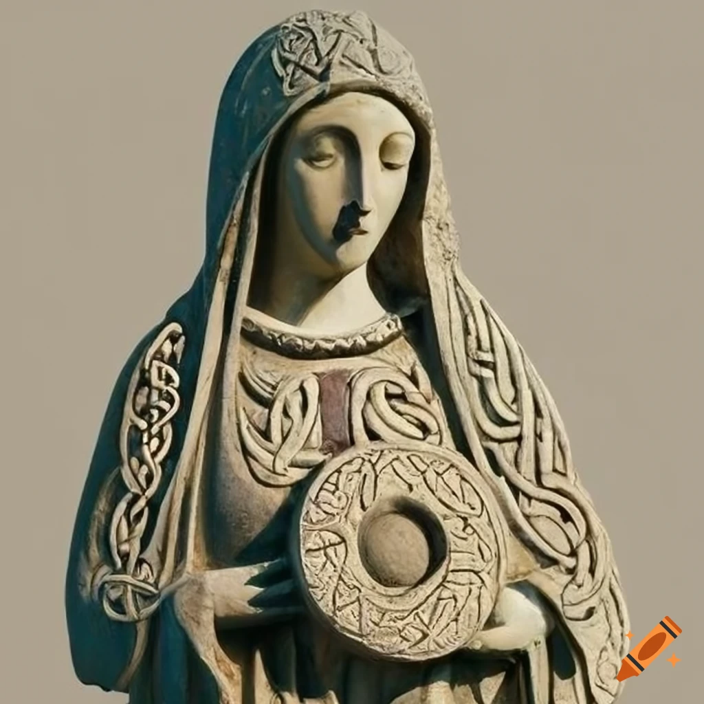 Stone sculpture of the virgin mary with celtic artwork on Craiyon