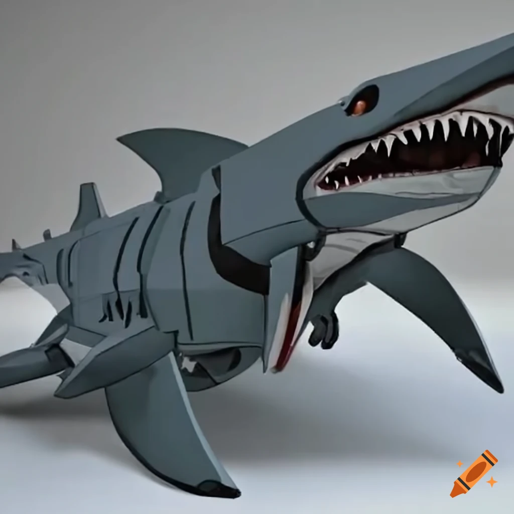 Shark robot sculpture with sharp screw teeth in a workshop on Craiyon