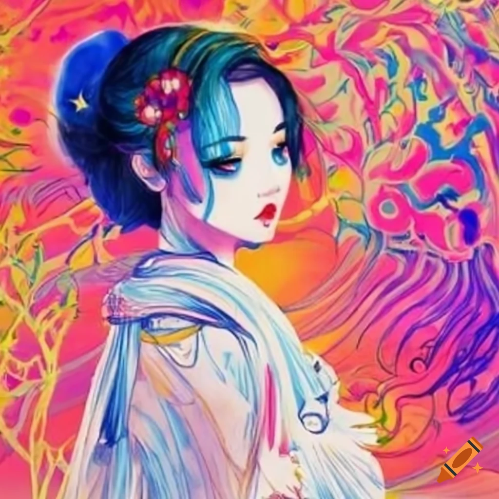 Colorful manga sketch of a japanese woman on Craiyon
