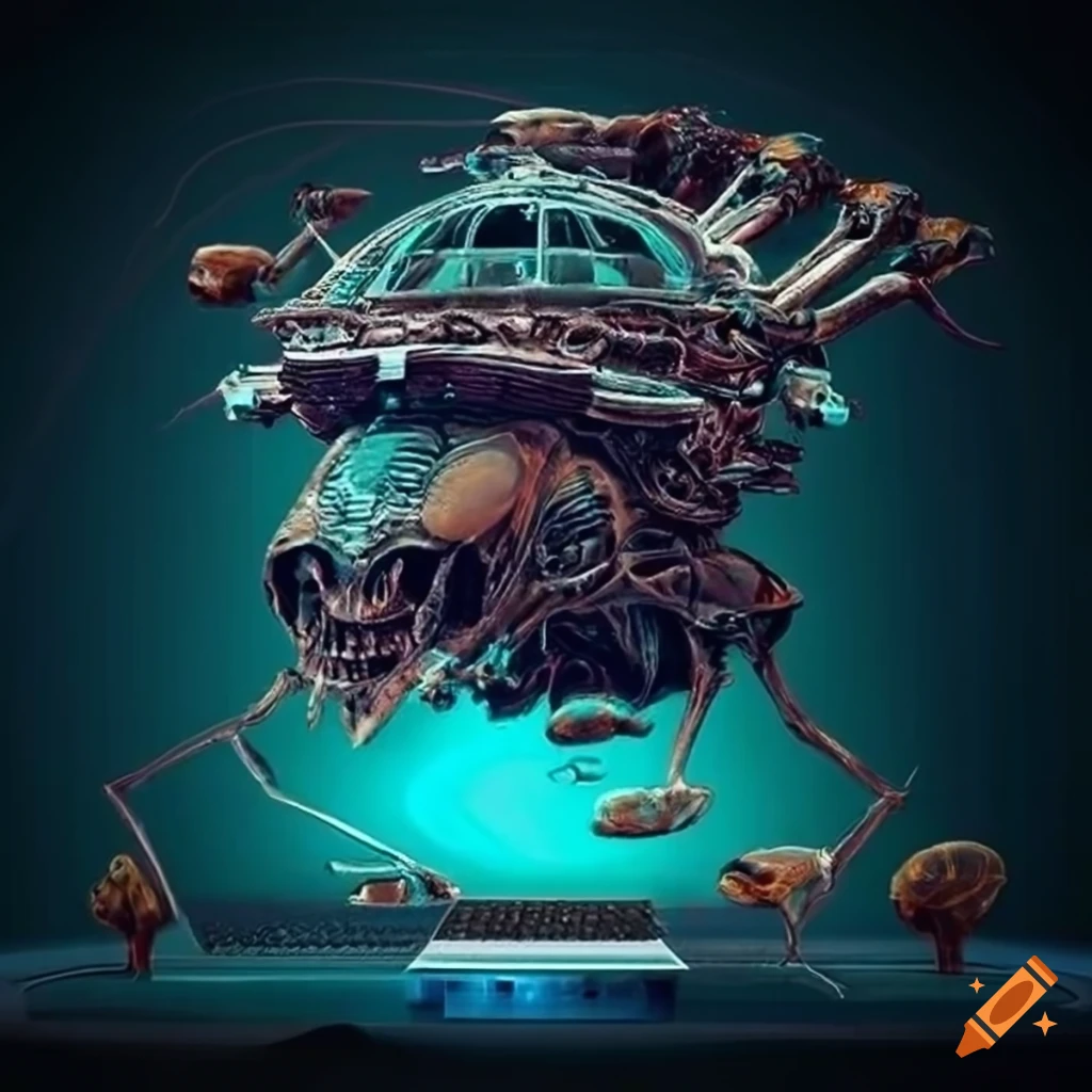 Surreal image of alien machines and spaceship
