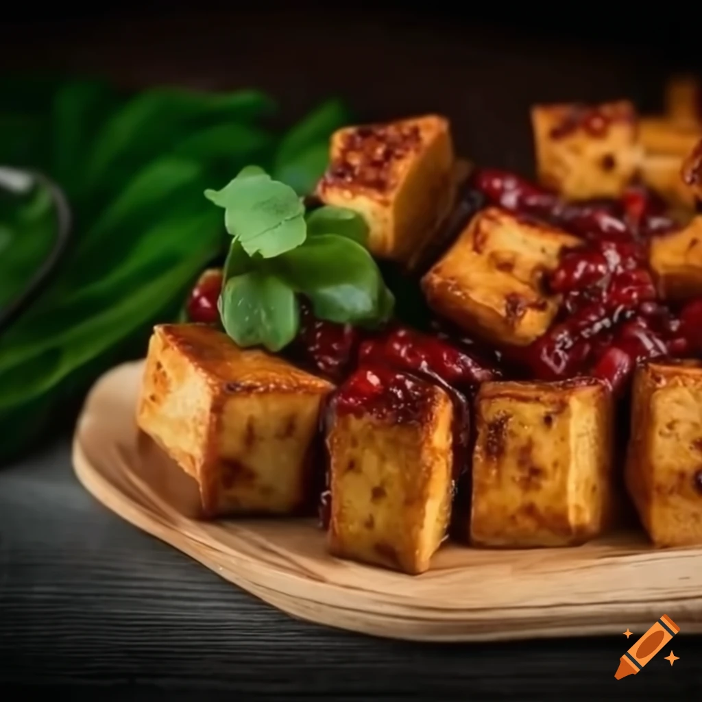 Plate of tofu with grilled spinach and bell peppers, served with a cup ...